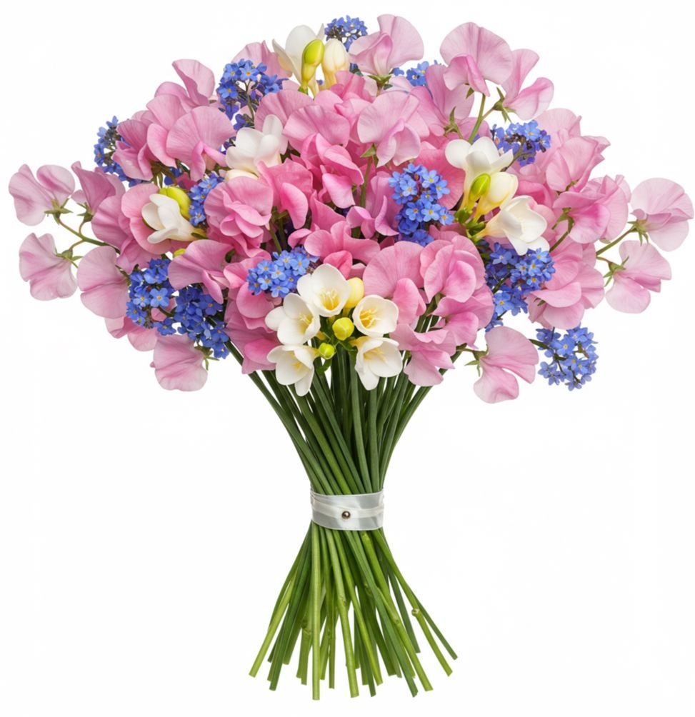 Bouquet of Sweet Pea & Freesias with Blue Forget-Me-Not – Elegant Fresh ...