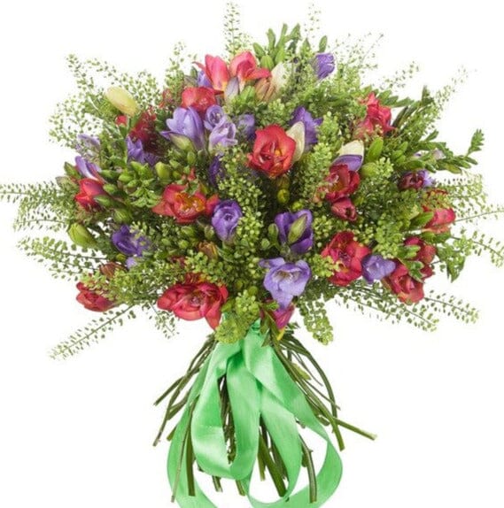 Multicolored Freesias with Green Bell Bouquet – Fresh & Fragrant Floral ...