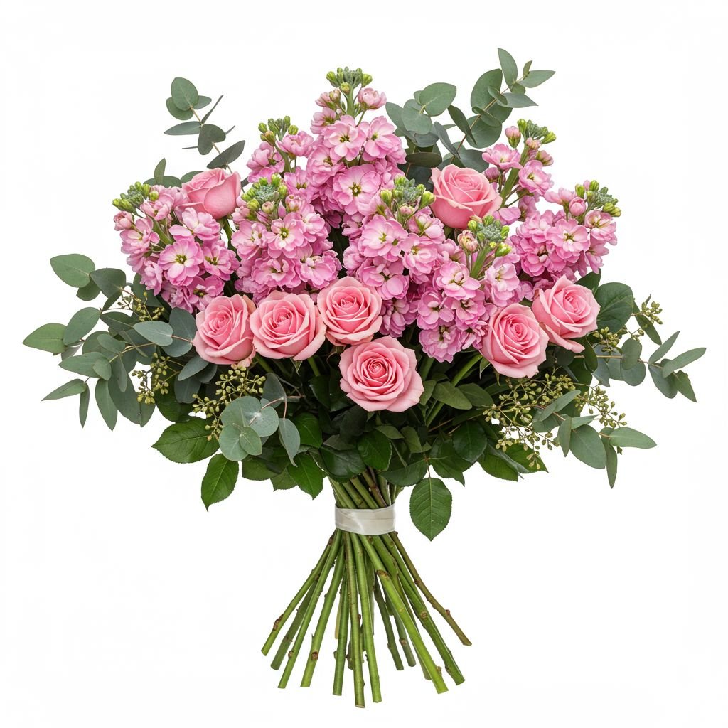 Pink Roses and Stocks Bouquet with Greenery | Fast UK Delivery ...