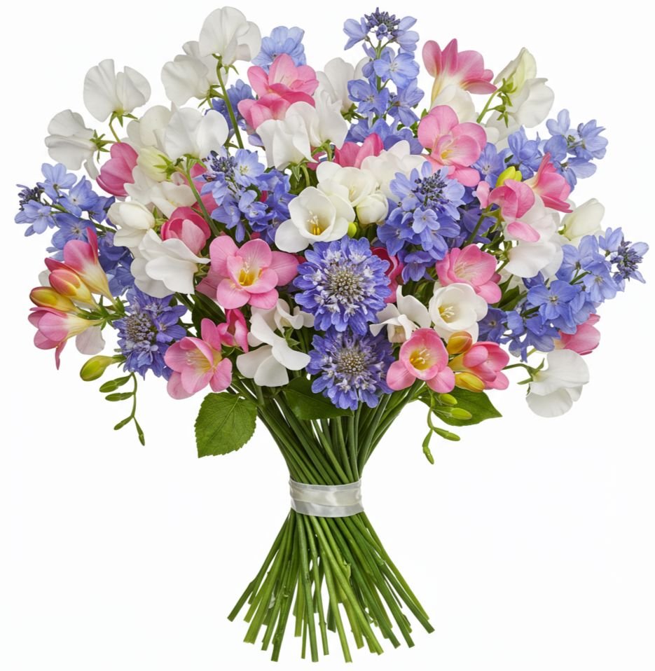 Pretty Fragrant Bouquet of Sweet Pea, Freesias & Delphinium | Flowers ...