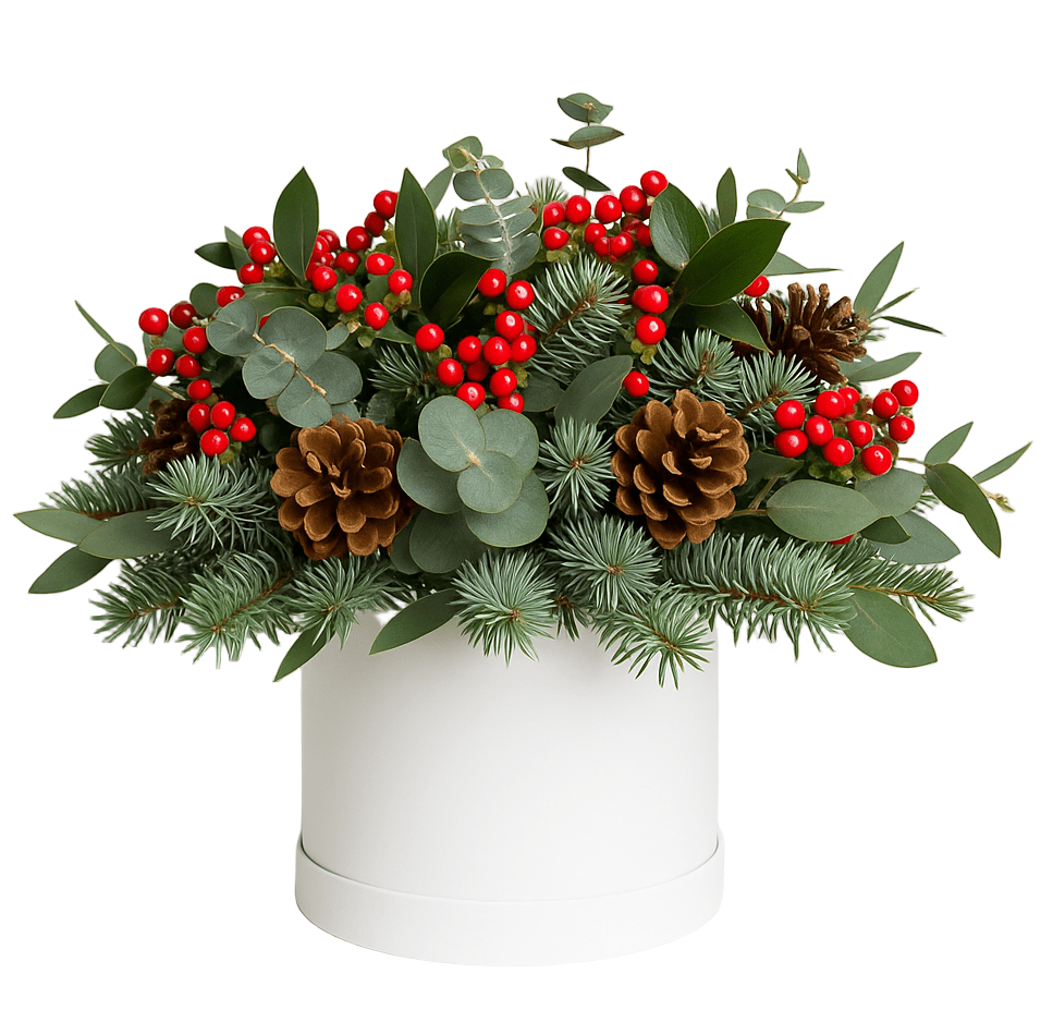 Seasonal Spruce Box Arrangement with Hypericum & Cones | Festive ...