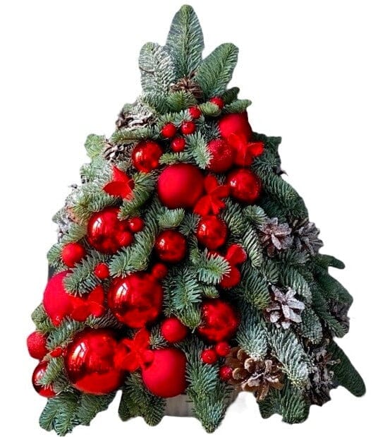 Spruce Christmas Tree Arrangement - Elegant Red Baubles and Decorations ...