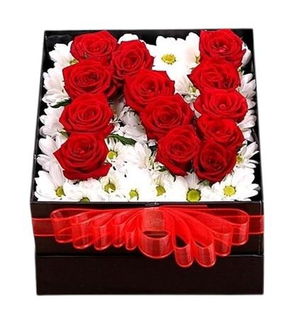 Initial Flower Box with White Daisy Chrysanthemum & Roses | Order Now ...