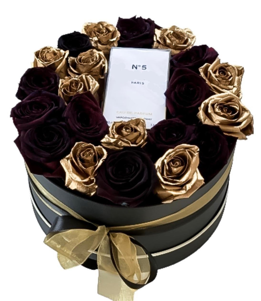 Luxury Black & Gold Roses with Perfume Box - Exclusive Gift by Flowers ...