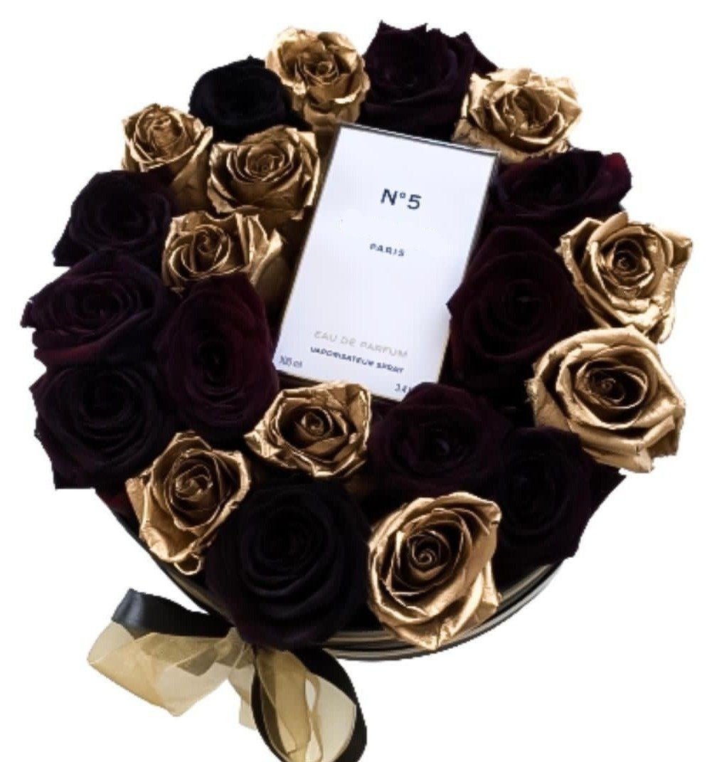 Luxury Black & Gold Roses with Perfume Box - Exclusive Gift by Flowers ...